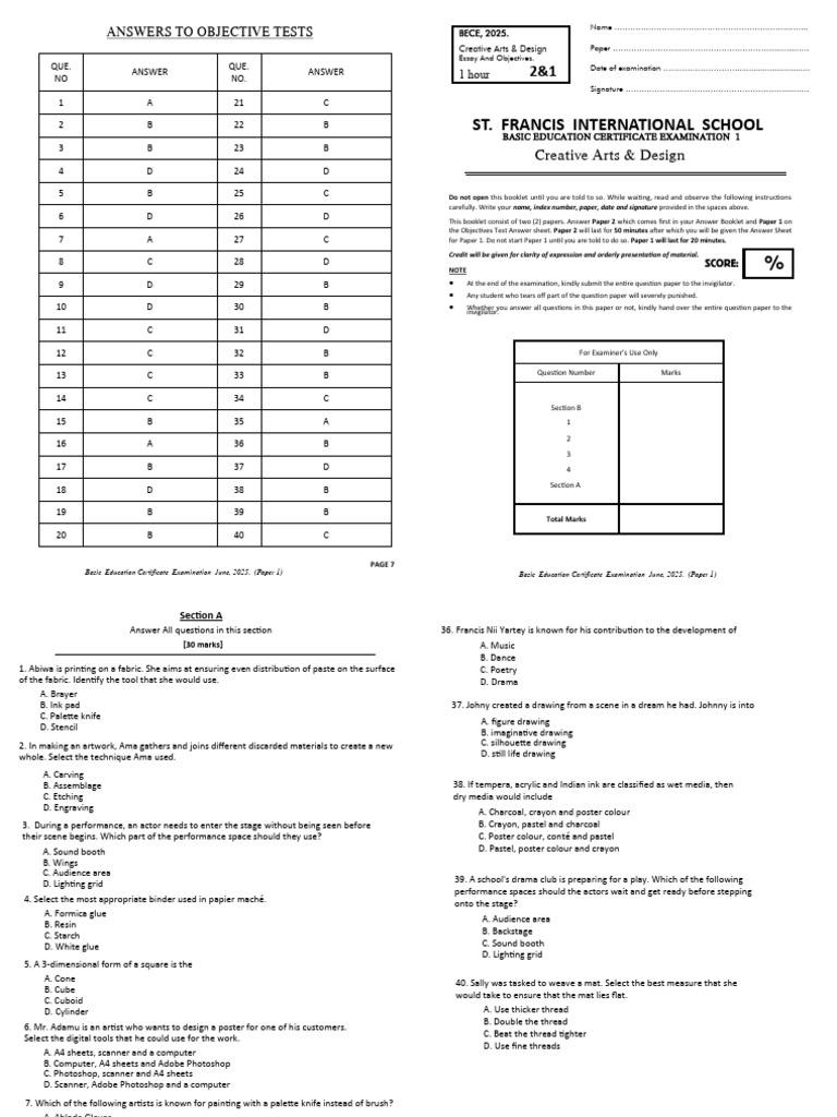 BECE 2025 Creative Arts Questions & Answers | PDF | Paint | Drawing