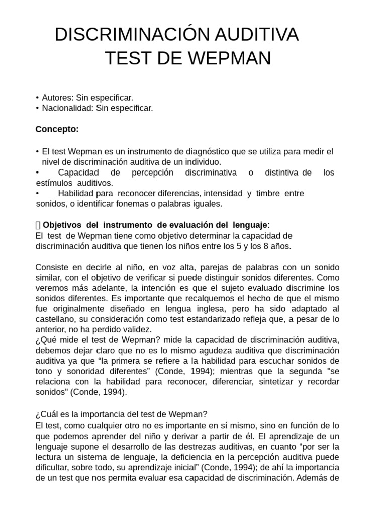 Test Wepman: Evaluación Auditiva Infantil | PDF | Aprendizaje ...