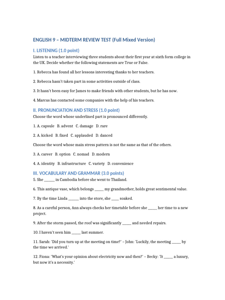 English 9 Midterm Review Test Guide | PDF