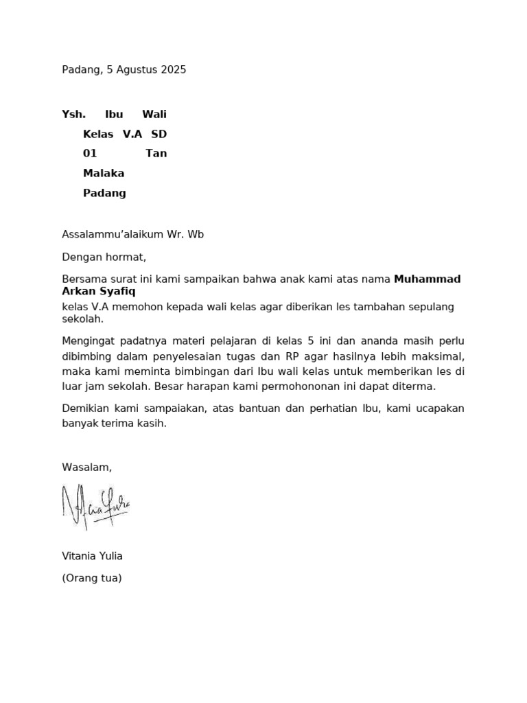 Surat Permohonan Les Arkan | PDF