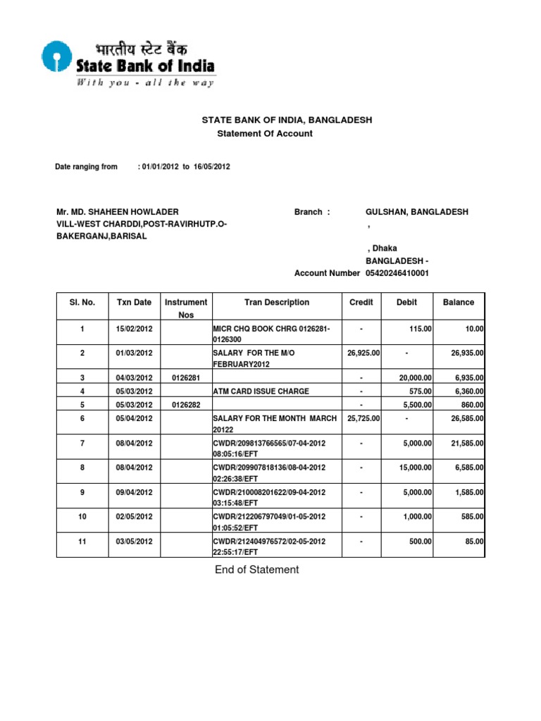 SBI Bangladesh Account Statement 2012 | PDF
