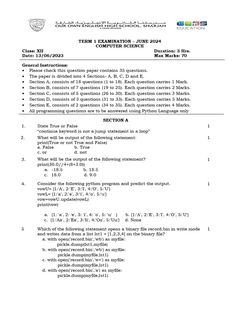 OOS Computer Science XII Term1 June2024 | PDF | Computer Program | Programming
