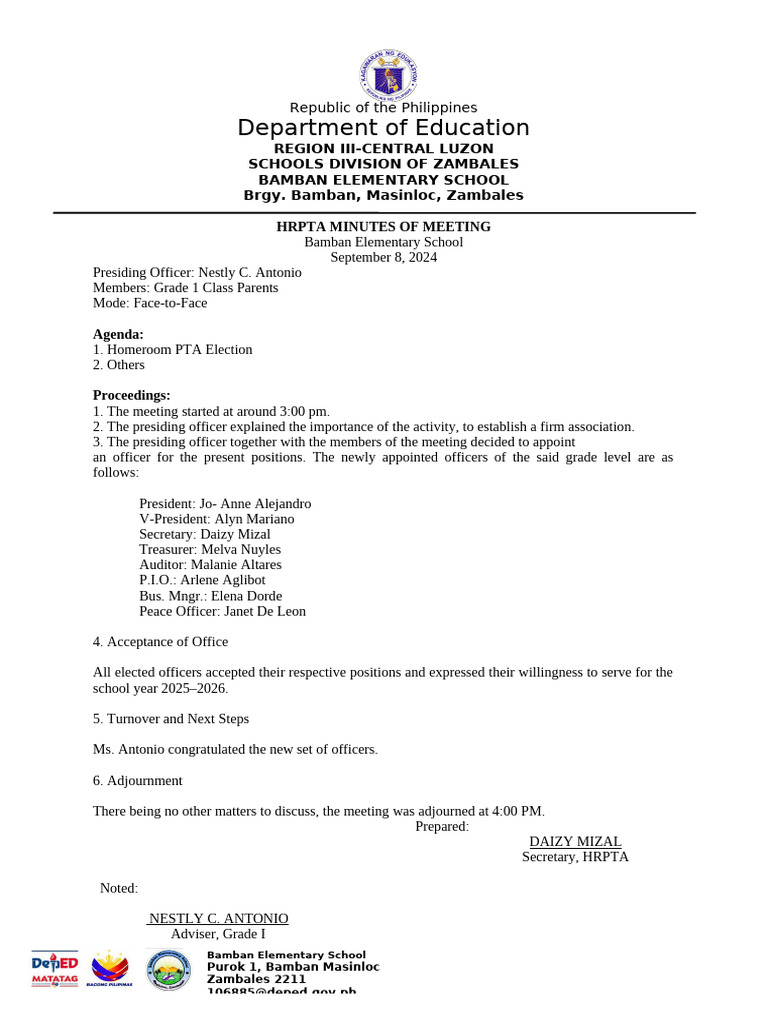 Hrpta Minutes of Meeting | PDF | Teachers | Behavior Modification