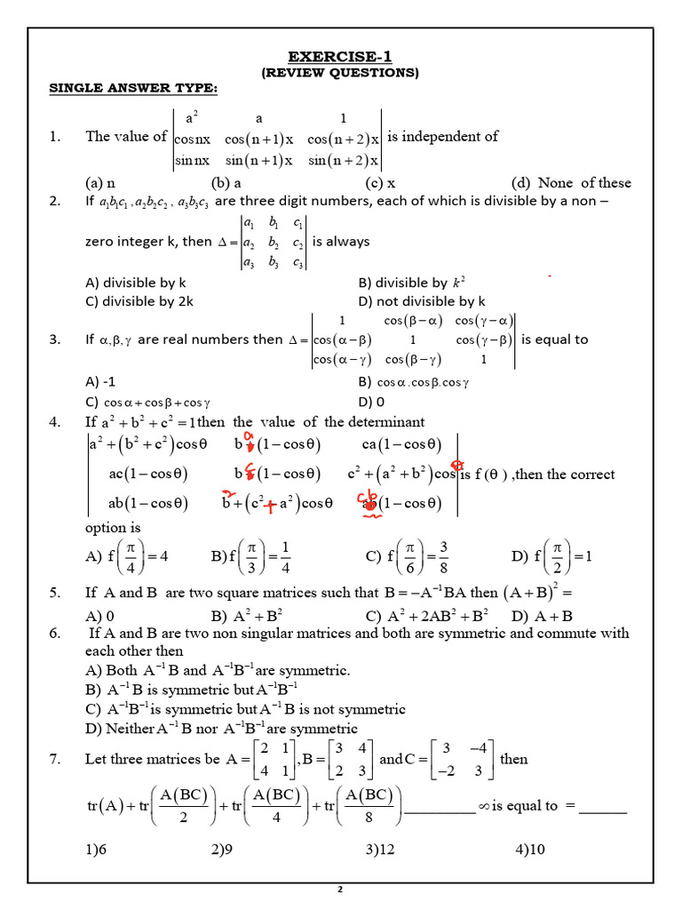 Matrix Determinants and Properties Questions | PDF | Matrix ...