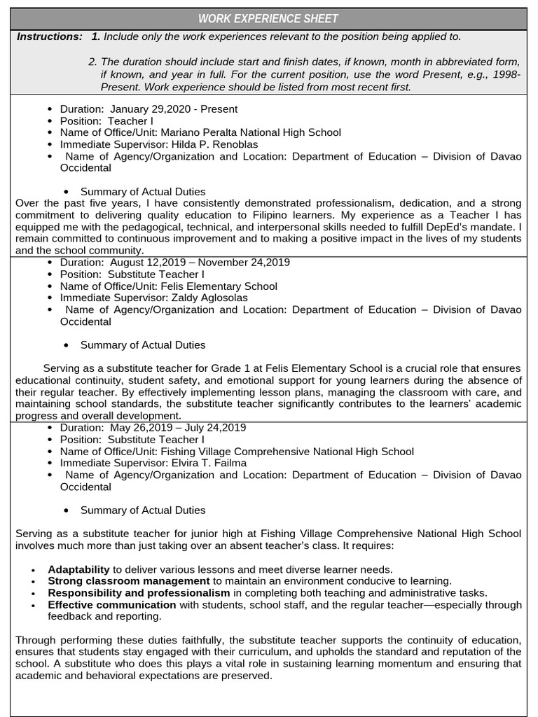 ANNEX H-2 - CS Form No. 212 Attachment - Work Experience Sheet | PDF | Teachers | Classroom ...