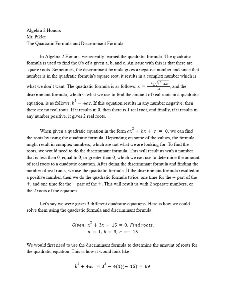 The Quadratic Equation and Discriminant Formula | PDF | Quadratic ...