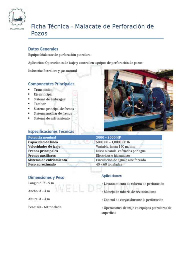 Malacate de Perforación: Ficha Técnica | PDF