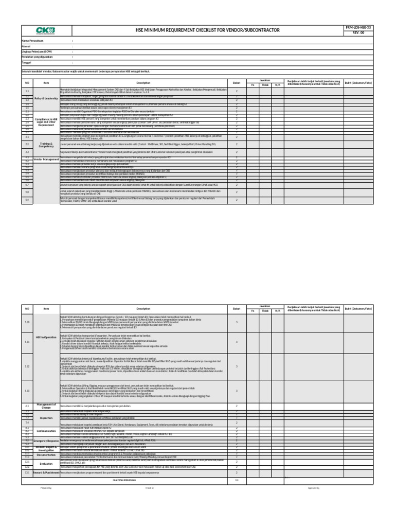 Checklist HSE Vendor/Subkontraktor | PDF