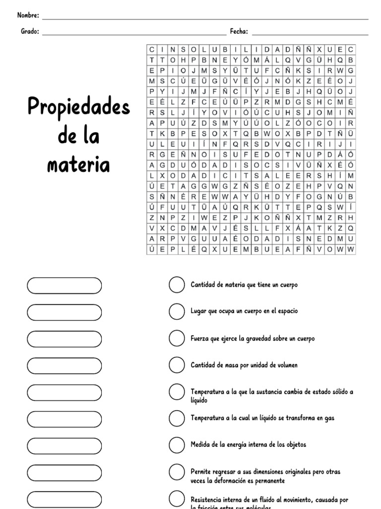 Propiedades de La Materia - Sopa de Letra y Emparejamiento | PDF