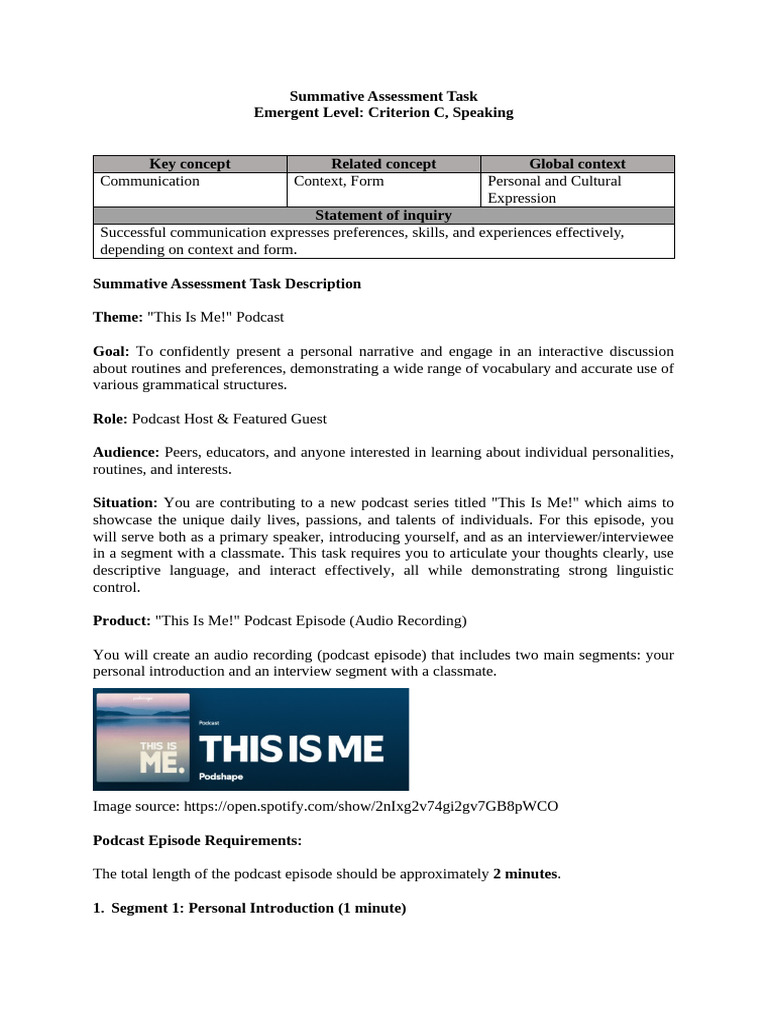 Summative Assessment Speaking Unit 1 Task | PDF | Podcast | Linguistics
