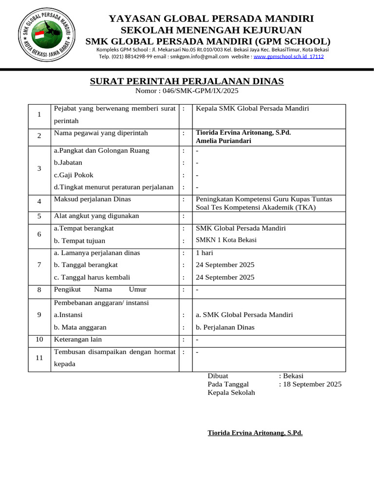 Surat Perintah Perjalanan Dinas SMK GPM | PDF