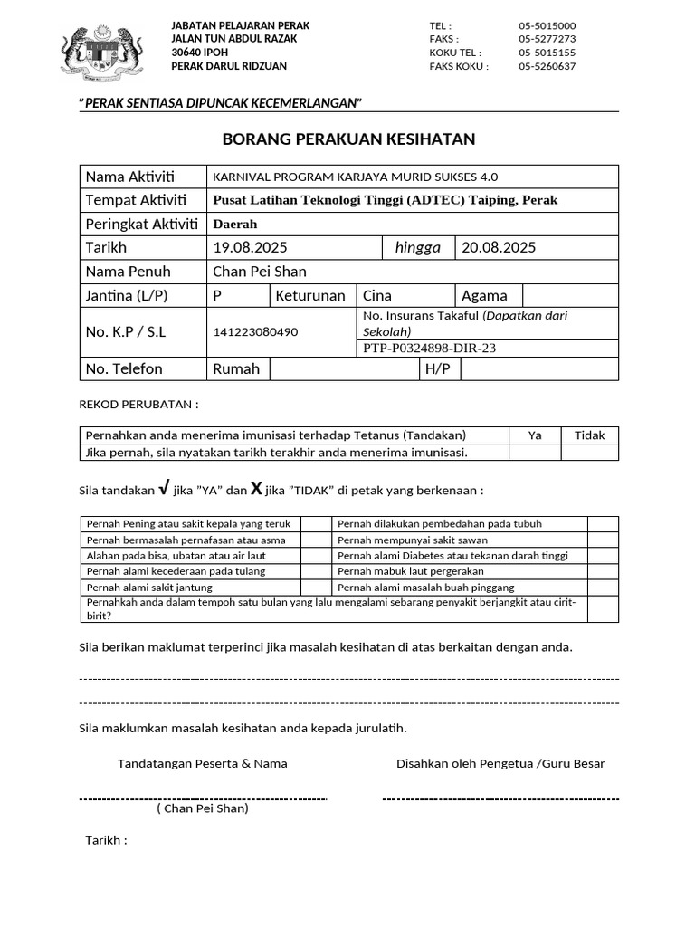 Borang Kesihatan Karnival Murid Sukses | PDF