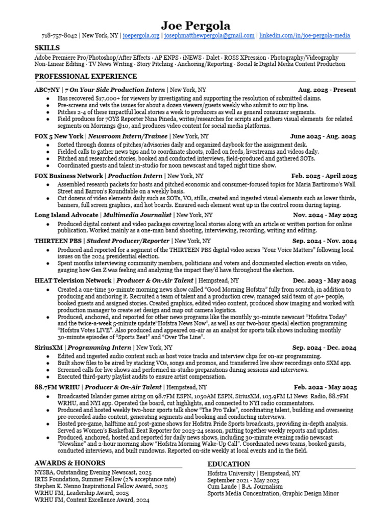 Joe Pergola: Multimedia Journalist Resume | PDF | News Broadcasting ...