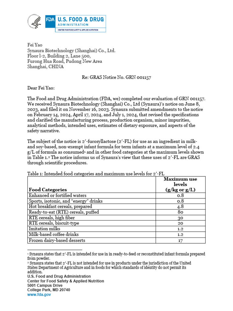 Gras Notice GRN 1157 Agency Response Letter Web | PDF | Drink | Food ...