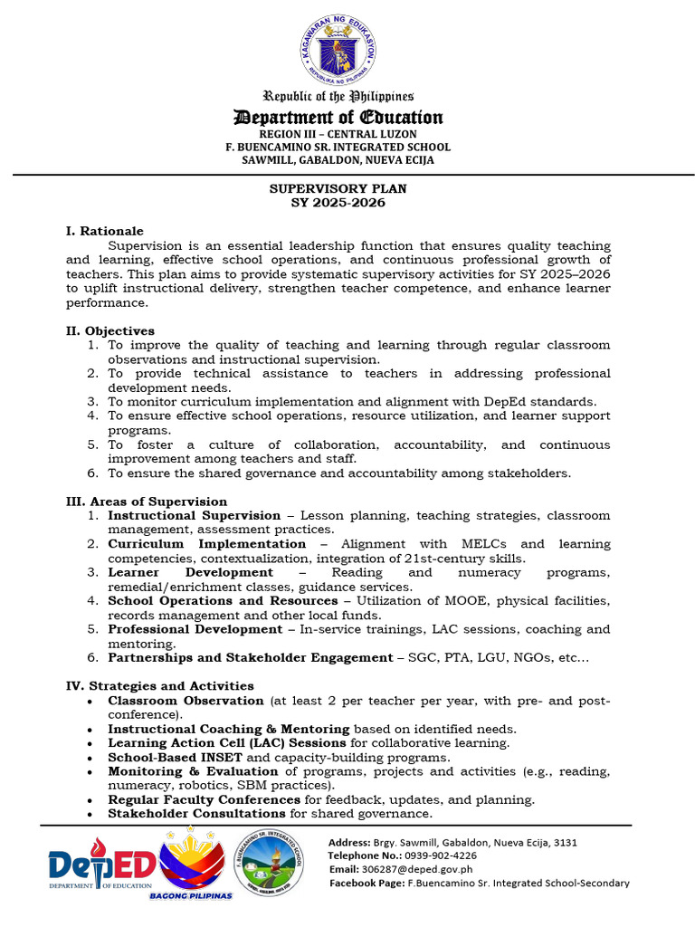 Supervisory Plan SY 2025-2026 | PDF | Mentorship | Teachers