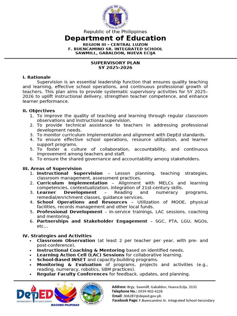 Supervisory Plan for SY 2025-2026 | PDF | Mentorship | Teachers