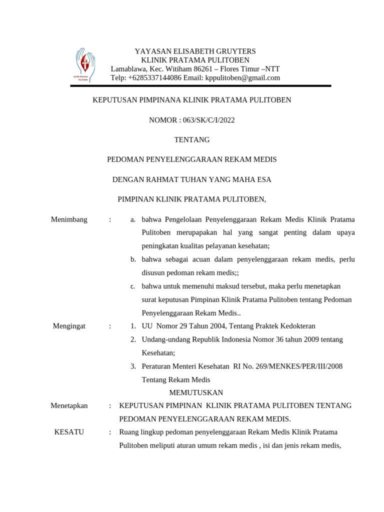 Pedoman Rekam Medis Klinik Pulitoben | PDF