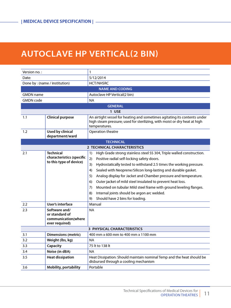 Medical Device Specs: Autoclave HP Vertical | PDF