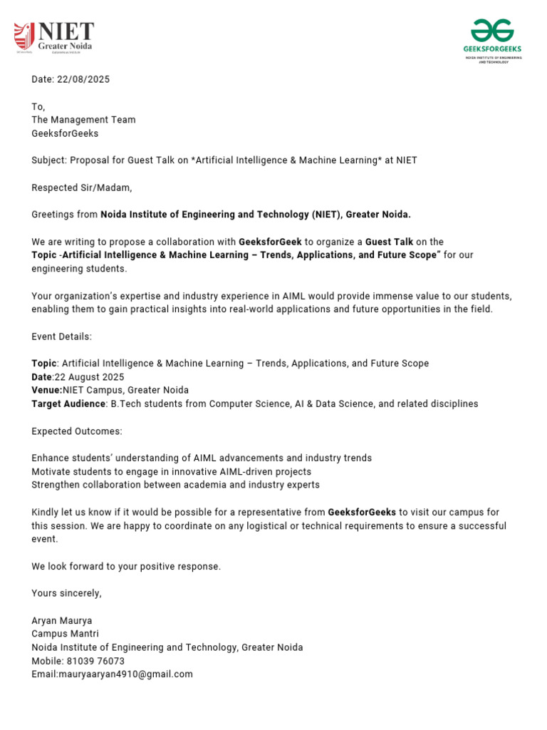 Guest Talk Proposal on AI & ML at NIET | PDF