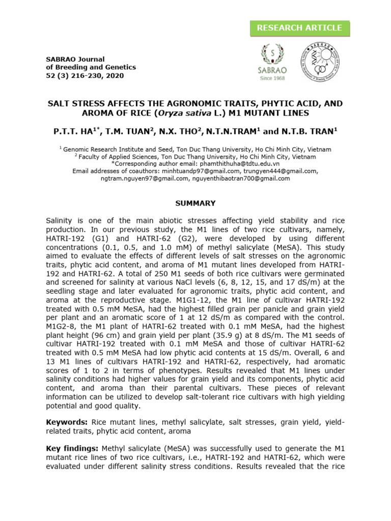 Sabrao J Breed Genet 523 216 230 Ha | PDF | Rice | Plant Breeding