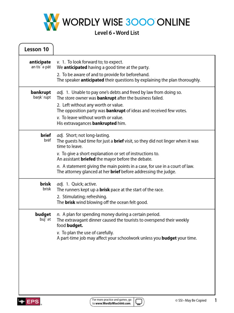 Wordly Wise 3000 Level 6 Lesson 10 | PDF