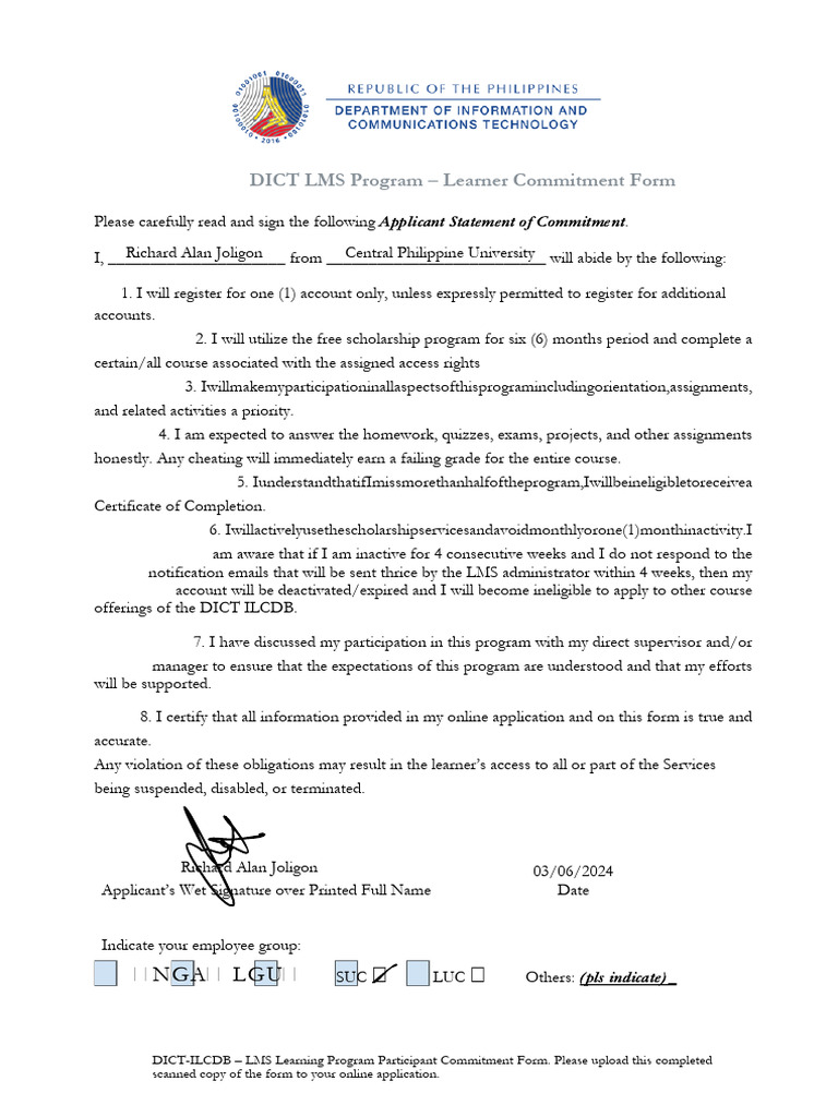 Learner Commitment Form in Accessing DICT LMS (Annex D) PDF | PDF
