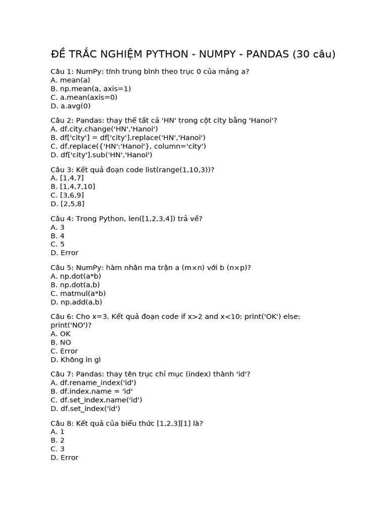 De Trac Nghiem Python Numpy Pandas 30cau | PDF