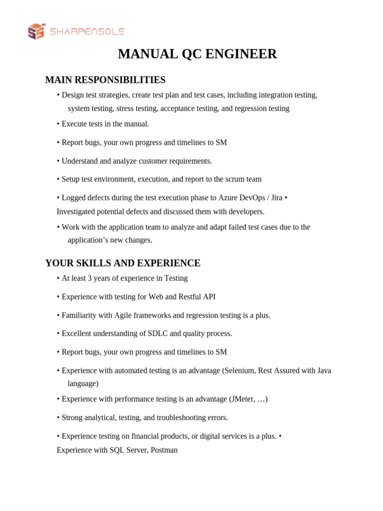 QC Engineer (Manual) - Job Description | PDF