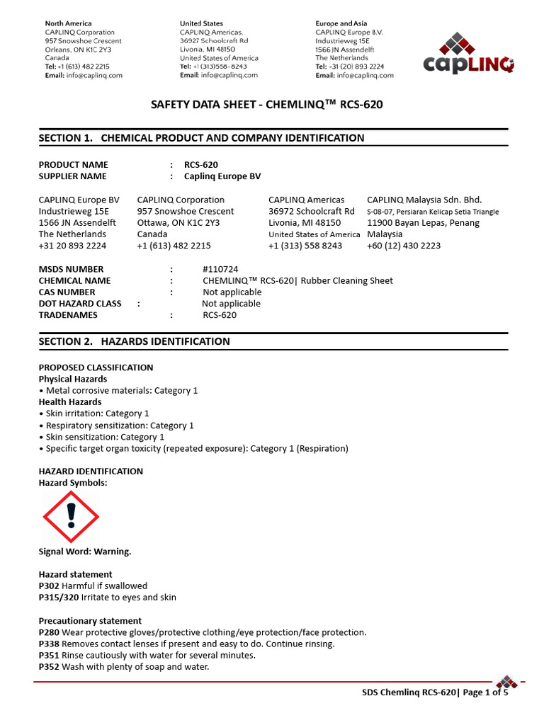 RCS-620 Rubber Cleaning Sheet SDS | PDF | Firefighting | Occupational ...