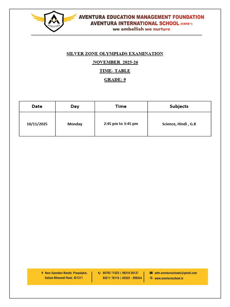 Silver Zone Olympiad Grade 9 Timetable | PDF