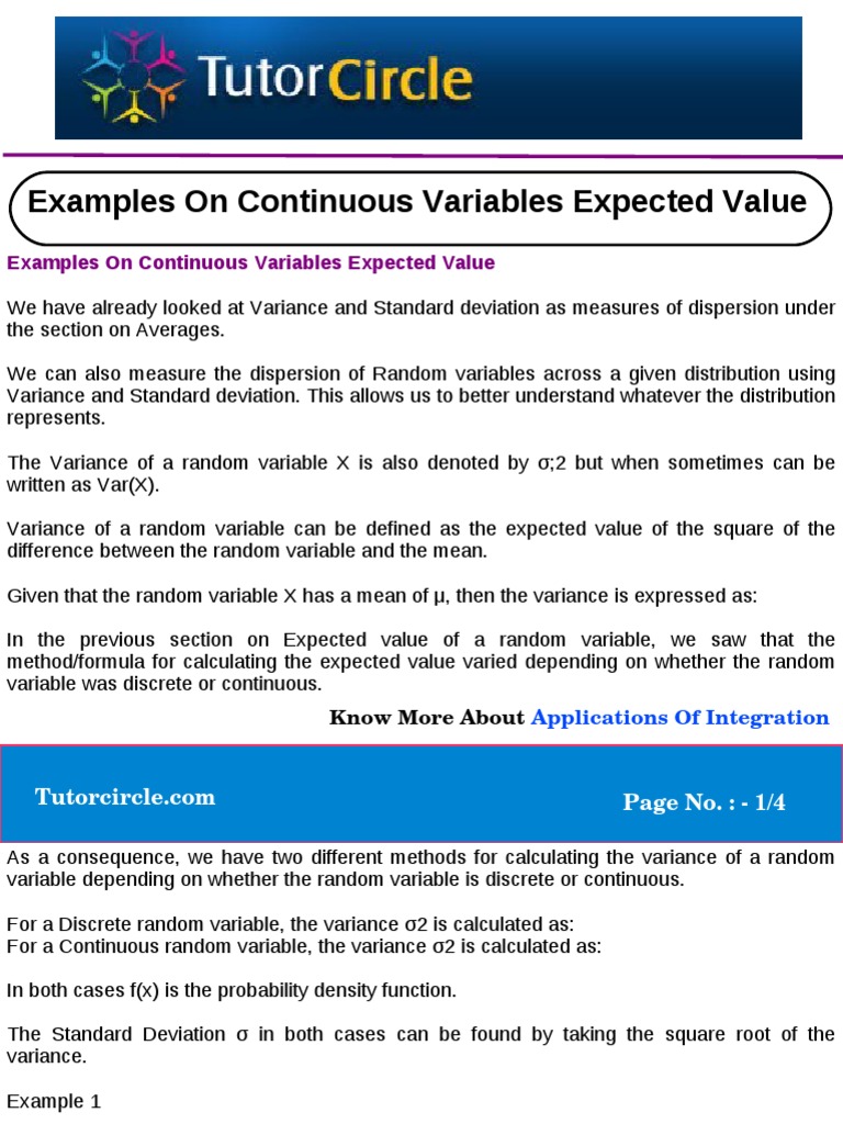 Examples On Continuous Variables Expected Value | PDF | Random Variable ...