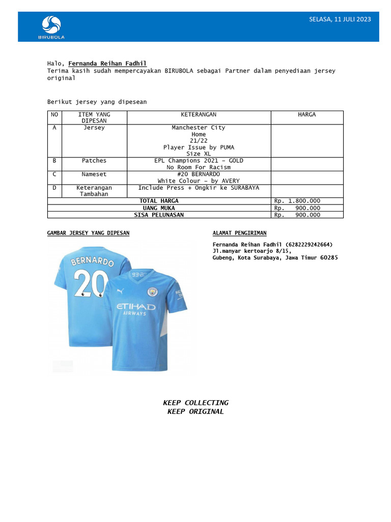Contoh Invoice Jersey Manchester City | PDF