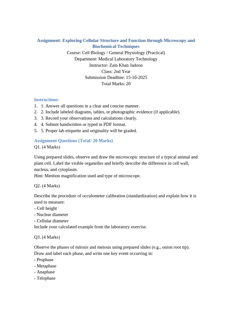 Cellular Structure and Function Lab Assignment | PDF | Cell (Biology ...