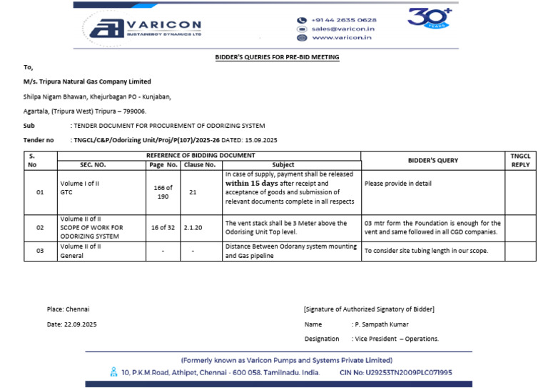 Pre Bid Queries - TNGCL | PDF | Gases