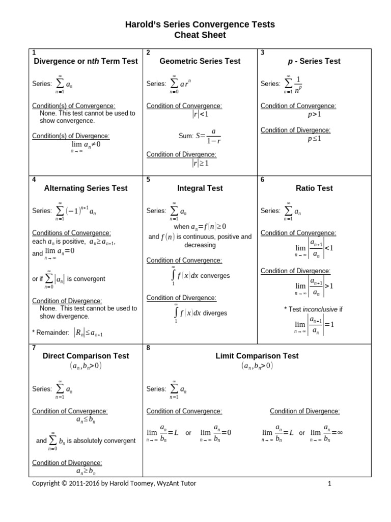 Harolds Series Convergence Tests Cheat Sheet 2016 | PDF | Complex ...