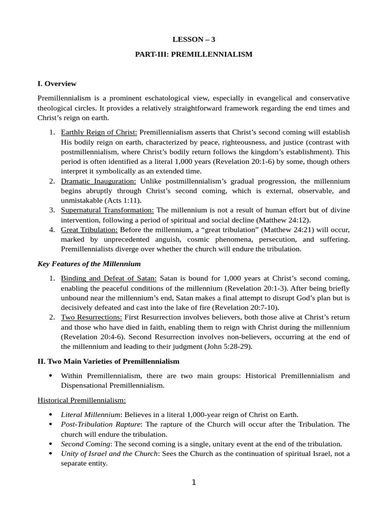 Lesson 3 - 3 Premillennialism | PDF | Premillennialism | Christian ...