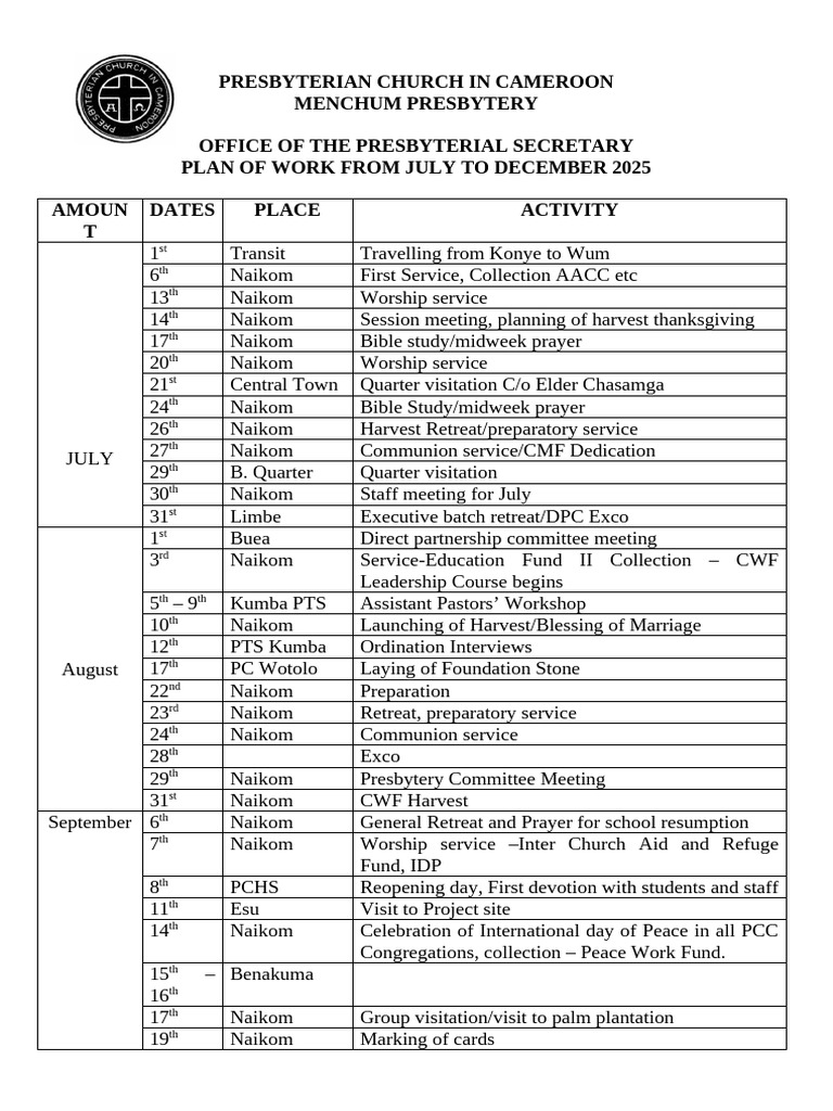 Presbyterian Church Menchum 2025 Work Plan | PDF | Presbyterianism ...