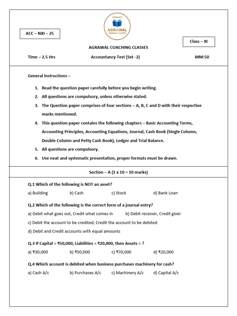 Accountancy Test Paper for Class XI | PDF | Debits And Credits | Accounting