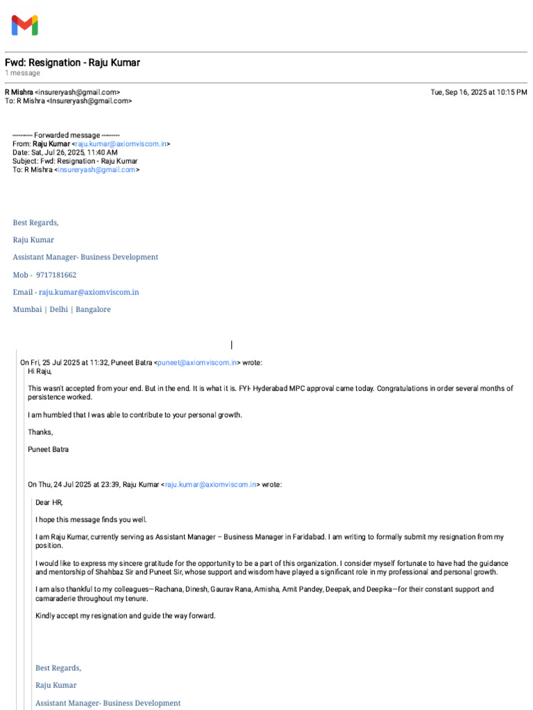 Gmail - FWD - Resignation - Raju Kumar | PDF