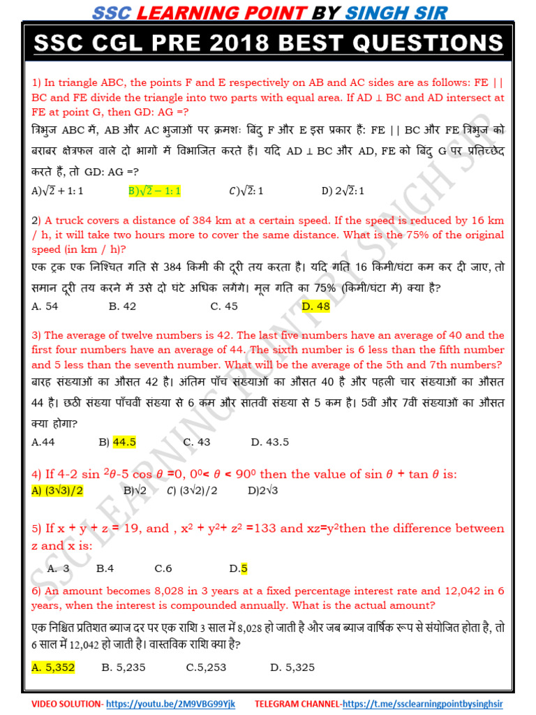 SSC CGL Pre 2018 Best Qns Printable PDF (Singh Sir) | PDF