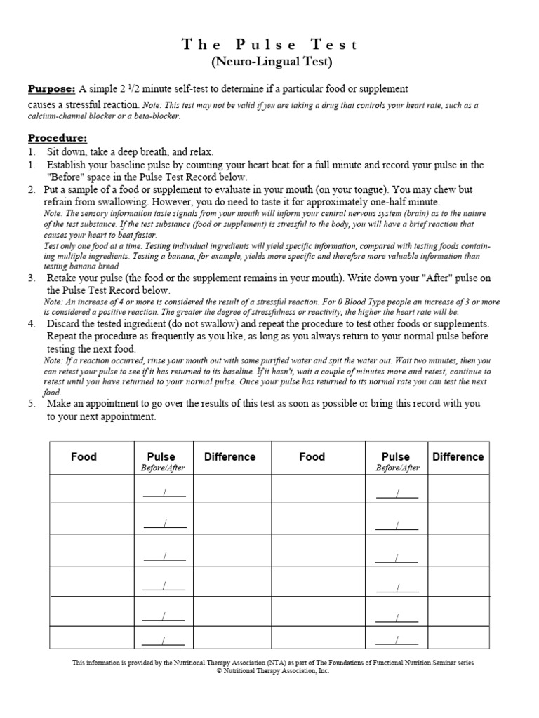 Coca Pulse Test Form Allergies | PDF | Heart | Heart Rate