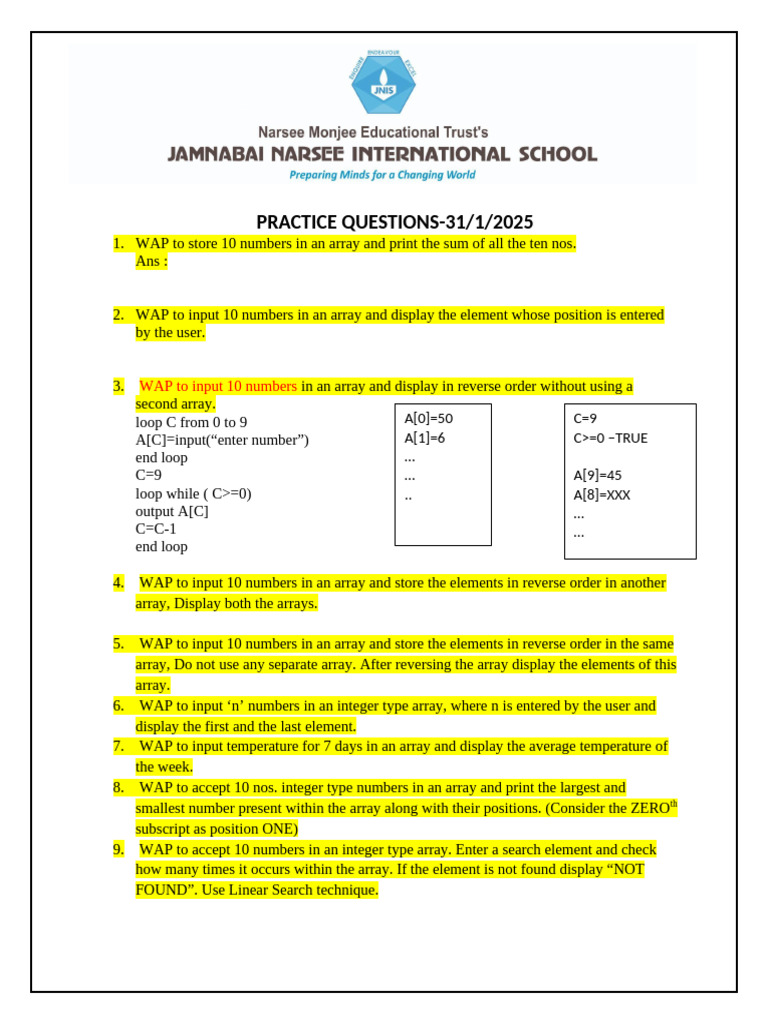 Array Practice Questions Gr11 Docxa Pdf