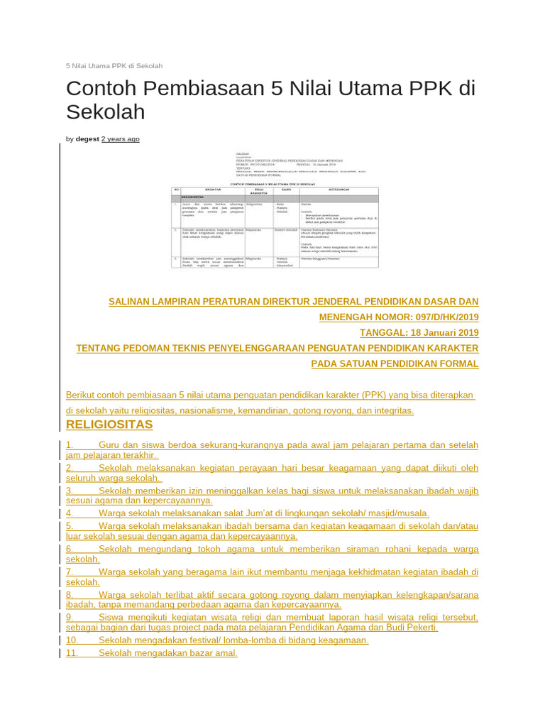 5 Nilai Utama PPK Di Sekolah | PDF