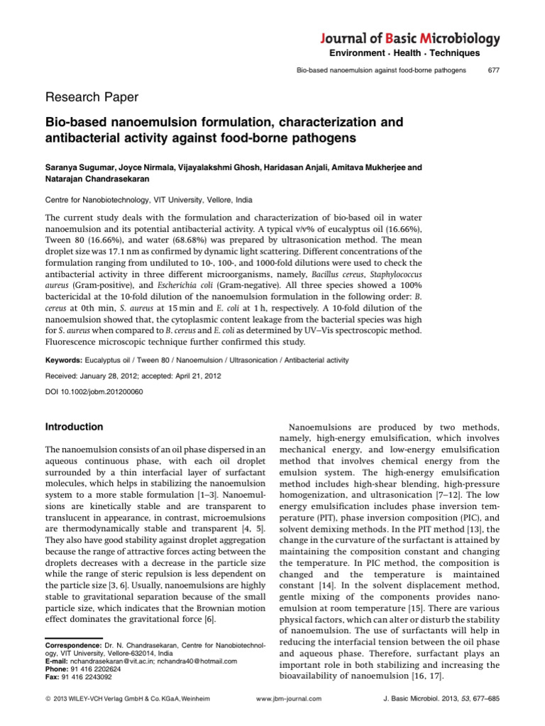 Journal of Basic Microbiology - 2012 - Sugumar - Bio Based Nanoemulsion ...