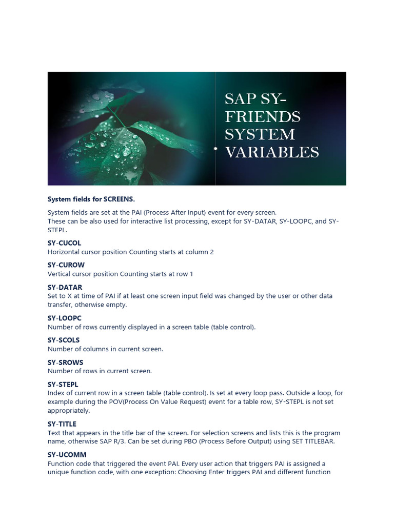 ABAP System Fields Overview | PDF | Computer Engineering | Computer Science