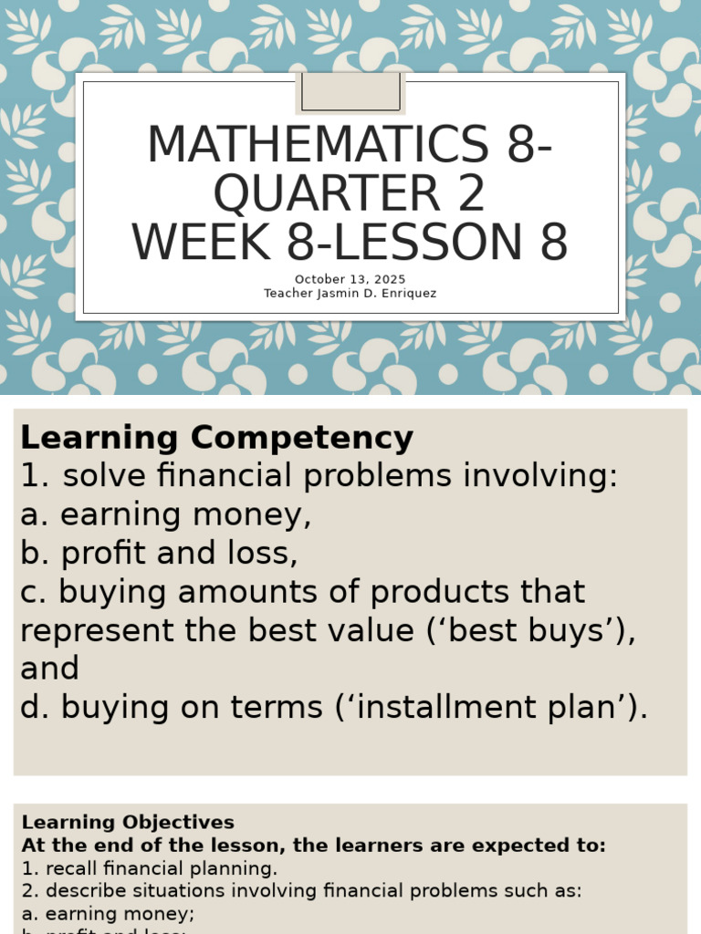 LESSON 8 Mathematics 8 Quarter 2 OCTOBER 13 2025 | PDF | Credit ...