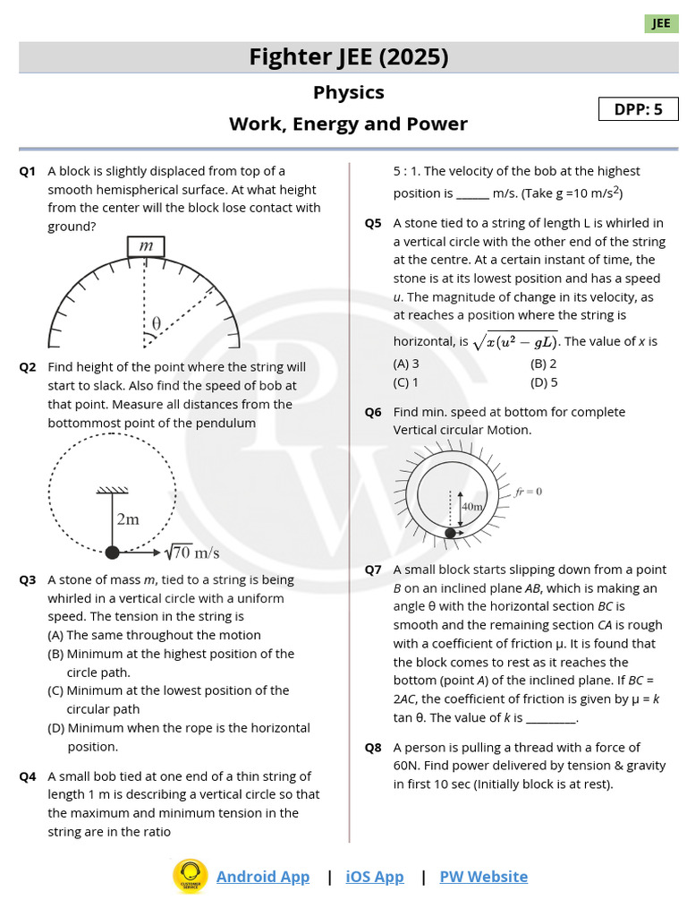 Work, Energy and Power - DPP 05 (Extra DPP) - Fighter JEE 2025 | PDF | Physical Phenomena ...