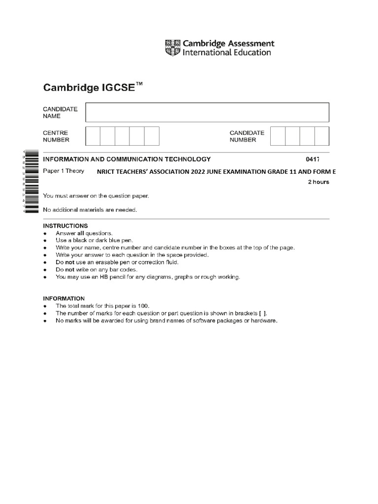 NRICT Grade 11 and Form E Paper 1 | PDF