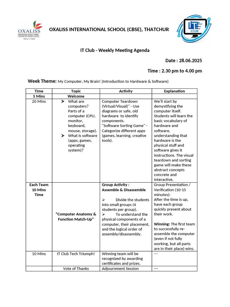 Weekly IT Club Meeting Agenda | PDF | Computer Hardware | Software