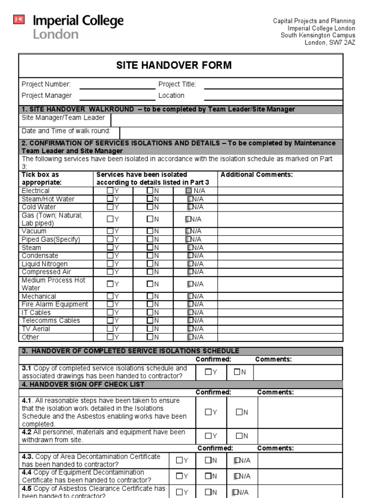 Site Handover Form: Capital Projects and Planning Imperial College ...